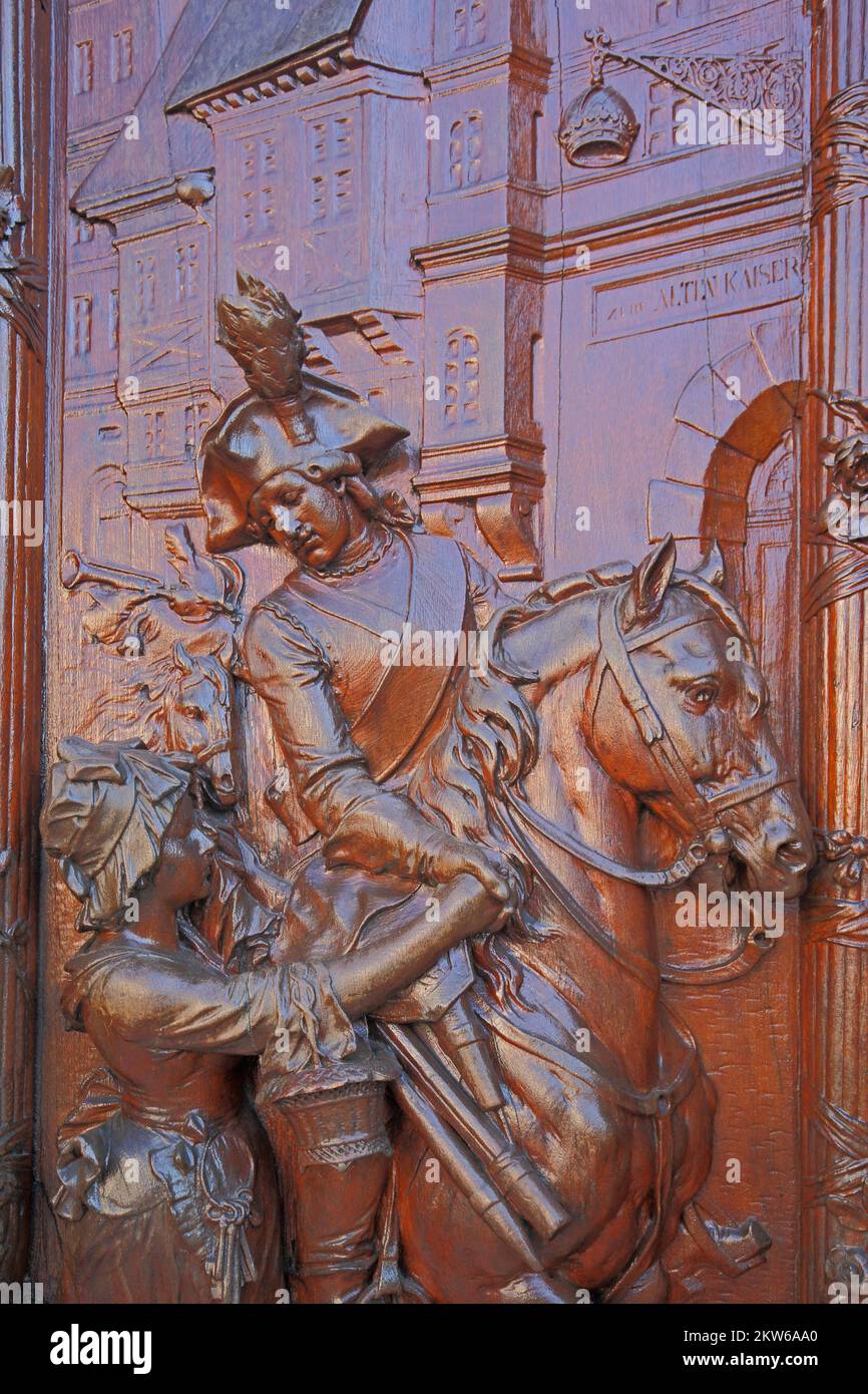 Wooden door with wood carving, arts and crafts, historical, baroque ...