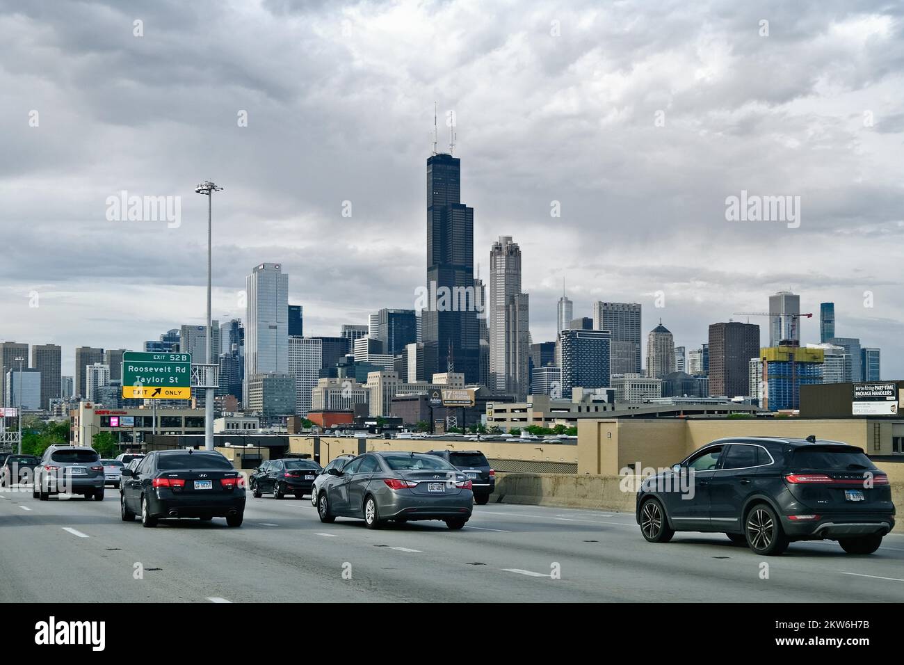View of the Chicago skyline from Interstate 90, Illinois, United States ...