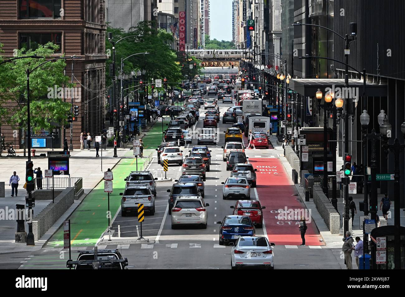 View into a street canyon Downtown from The Loop elevated railway in ...