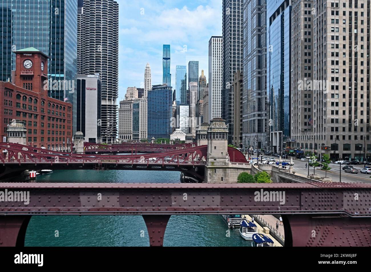 View of Chicago River and Downtown from The Loop elevated railway in ...