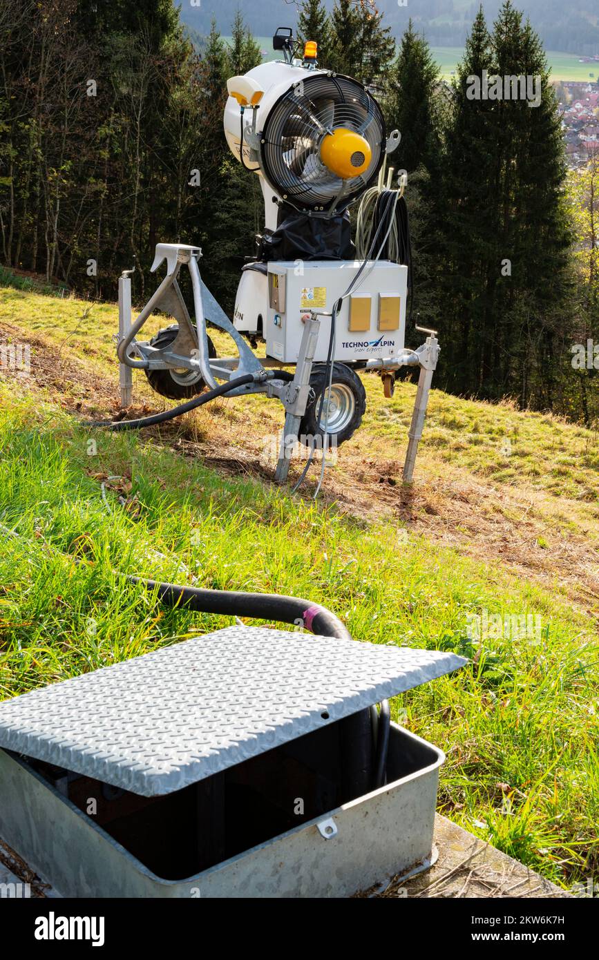 Mobile propeller gun, snow gun, Allgäu Alps, Allgäu, Bavaria, Germany ...