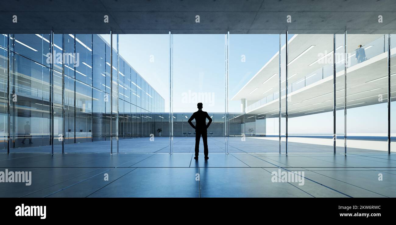 Rear view of successful businessman looking the sky from his office ...