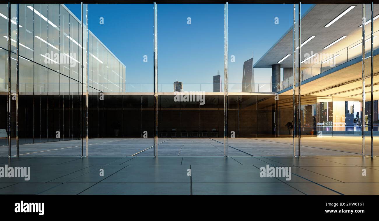 Modern glass wall commercial buildings. Realistic 3d rendering Stock ...