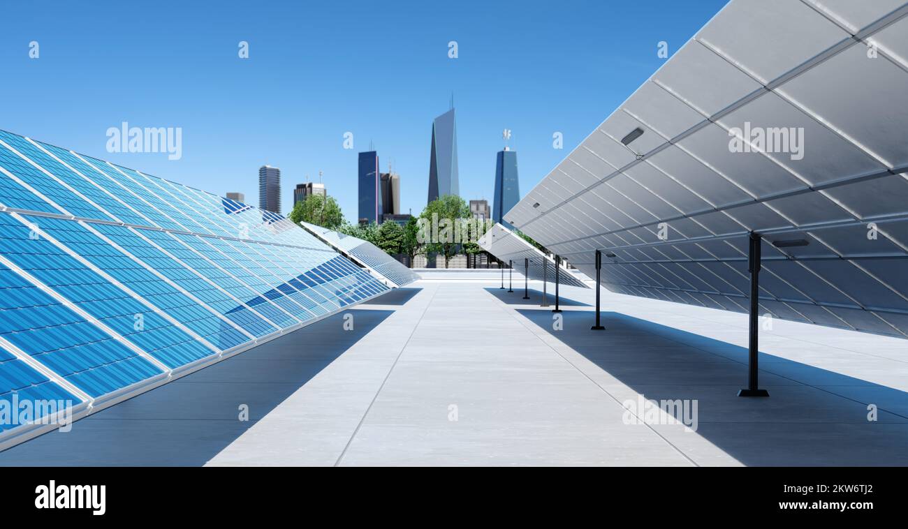 Solar panels with modern city. Clean, green, alternative and renewable ...