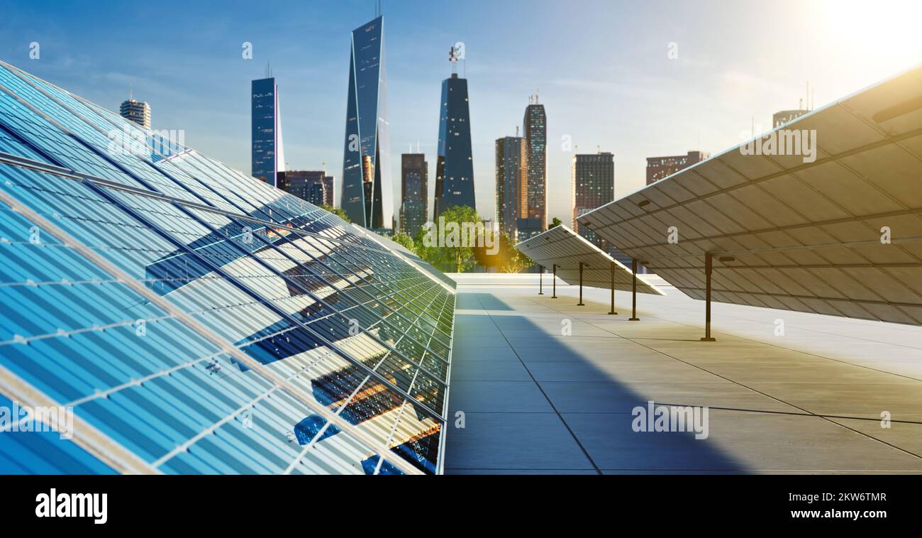 Solar panels with modern city. Clean, green, alternative and renewable ...