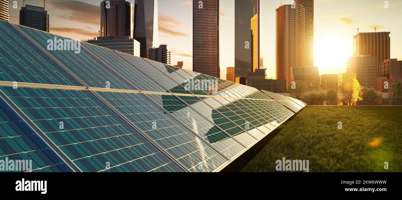 Solar panels with modern city. Clean, green, alternative and renewable ...