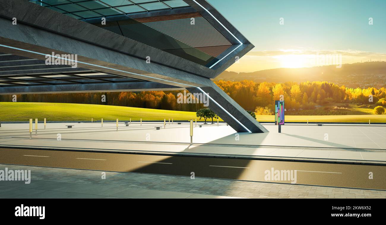 Empty street under the bridge with beautiful sunrise landscape scene ...