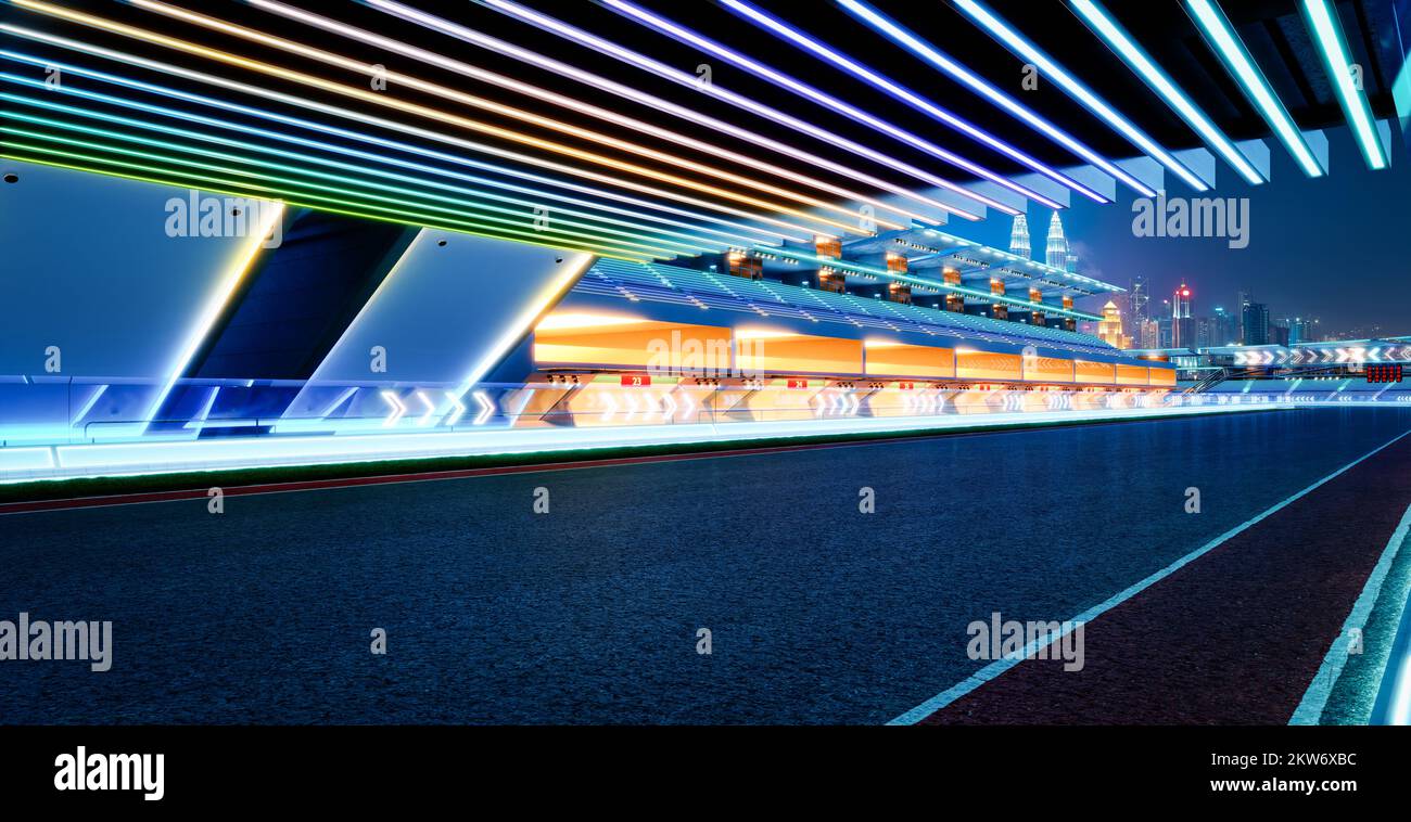3d rendering does not exist futuristic Racetrack Circuit with arrow ...