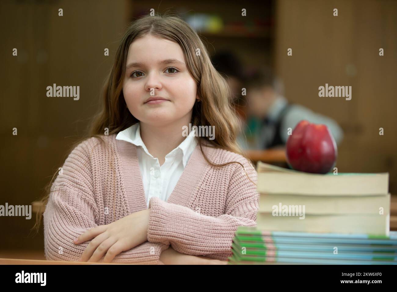 Girl Schoolgirl At The Desk Girl In The Classroom With Books And An Apple Secondary School