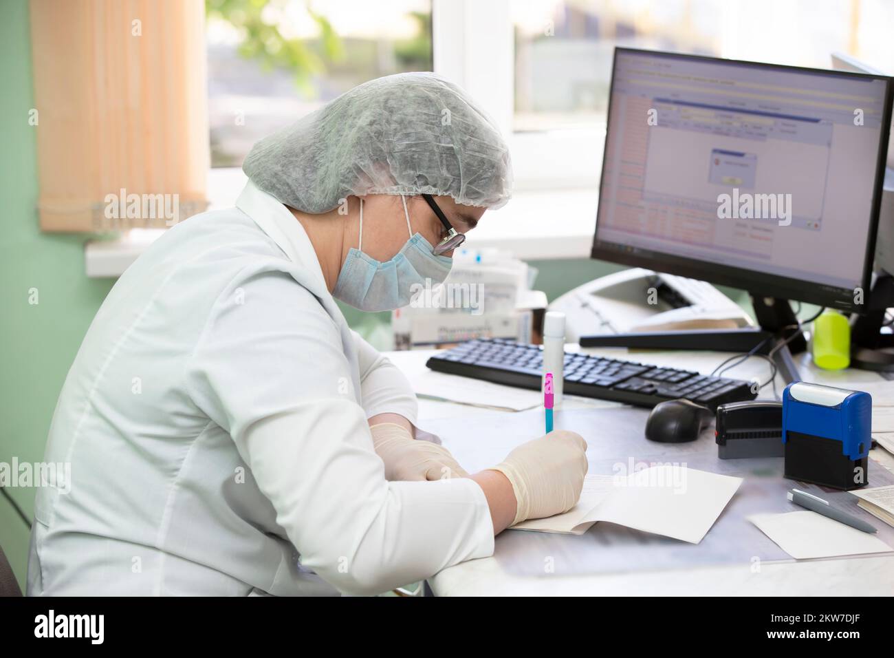 May 31, 2021. Belarus, Gomil, Central Hospital.The doctor at the ...