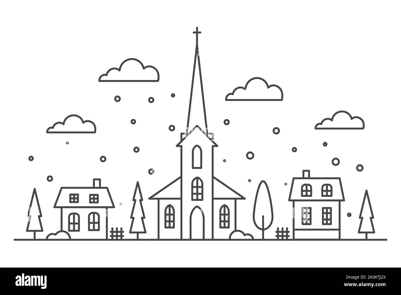 Suburban neighborhood winter landscape. Silhouette of houses and church ...