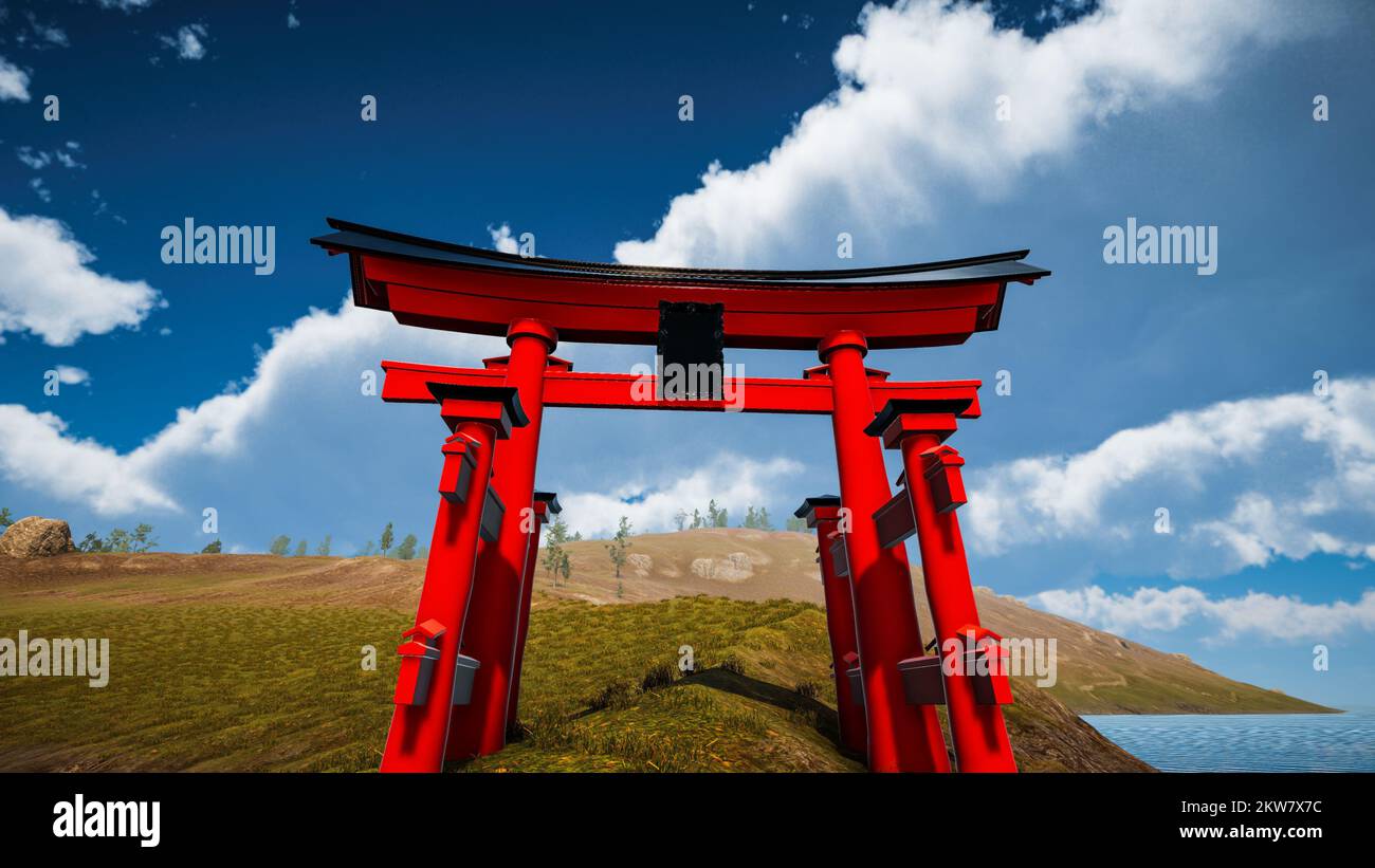 3D rendering. Japanese traditional gate Torii, symbol of Shintoism ...