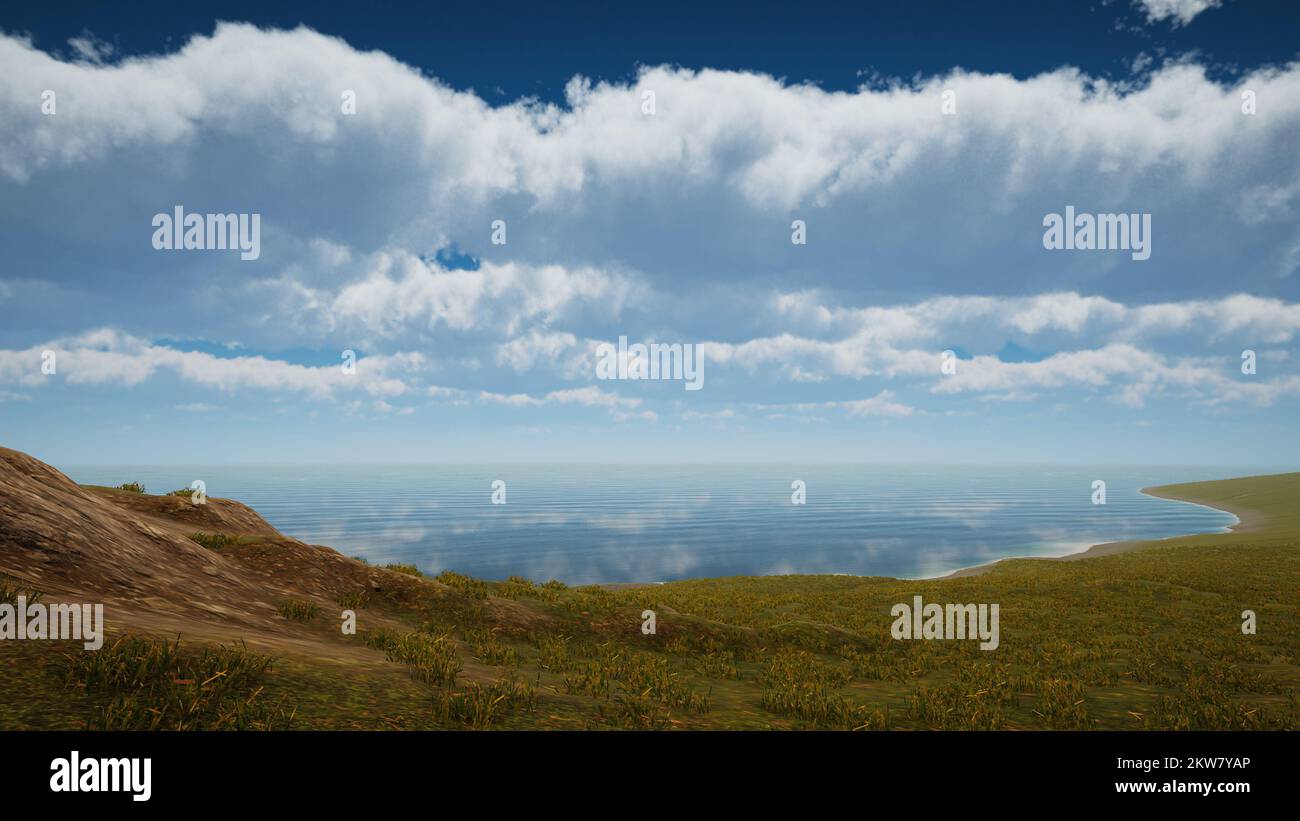 3D rendering. Natural environment of a green island with no trees ...