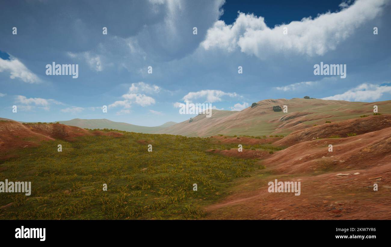 3D rendering. Natural environment of a green island with no trees ...