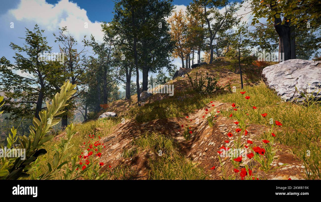 3D rendering. An immersive natural environment. Landscape to illustrate ...