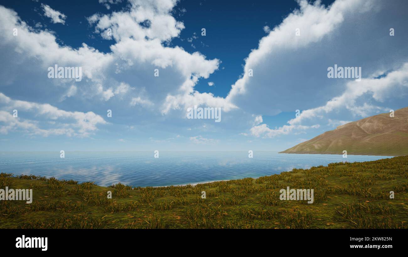 3D rendering. Natural environment of a green island with no trees ...