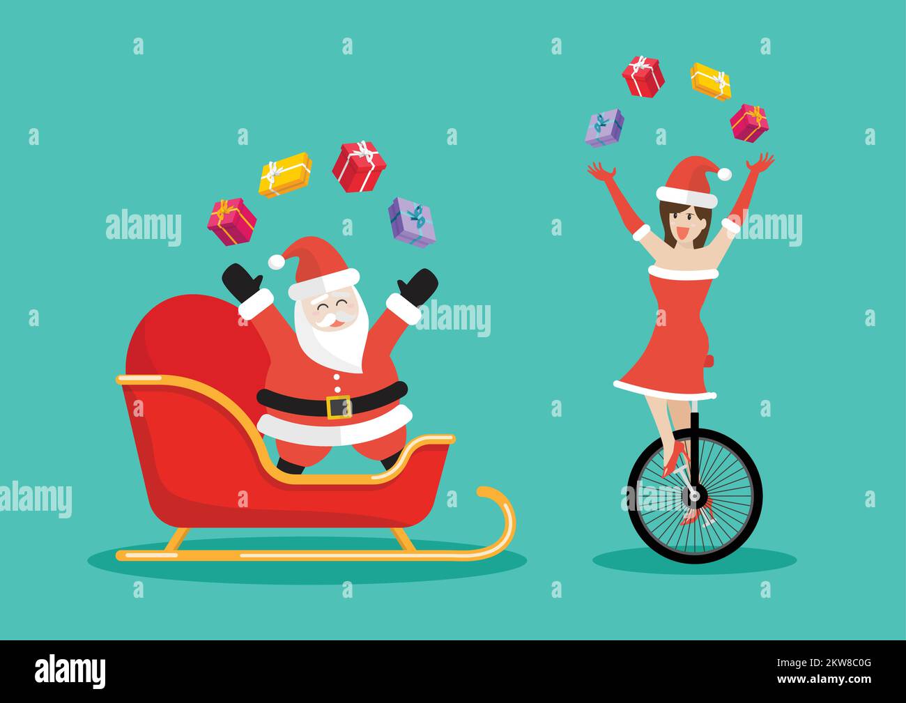 Santa Claus and santa girl juggling gift boxes on a vehicle. Vector ...