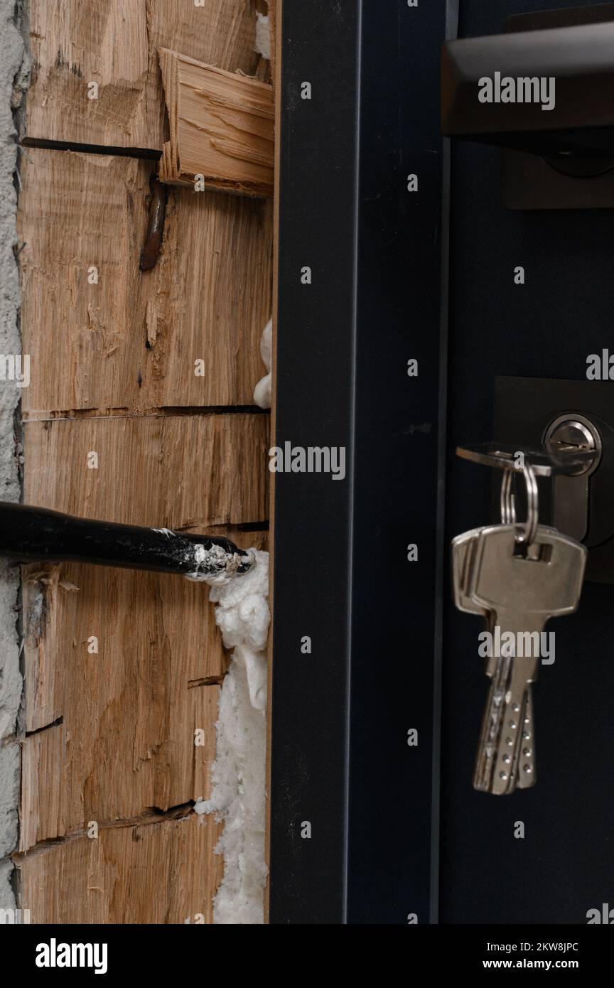 Keys in the door lock of interior doors, mounting foam and doors Stock ...