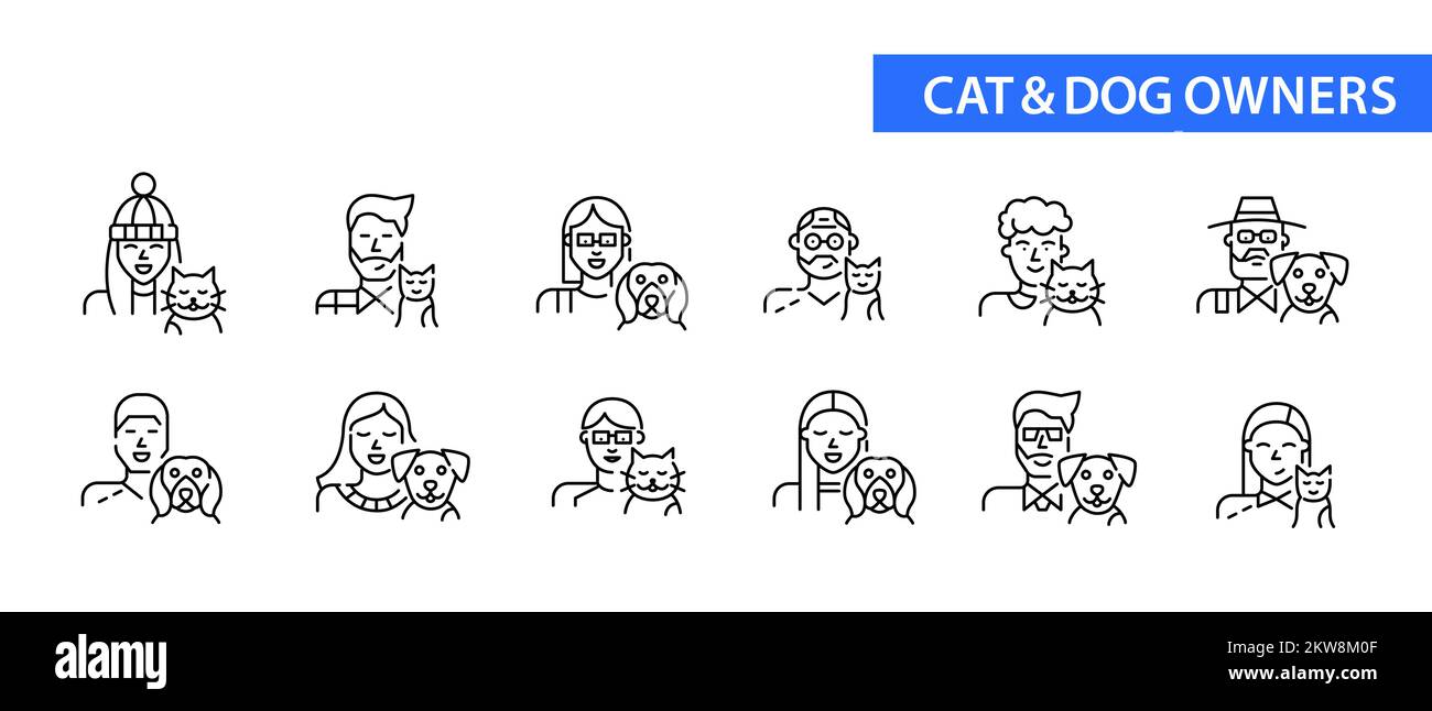 Set of cat and dog owners of different ages icons. Pixel perfect ...