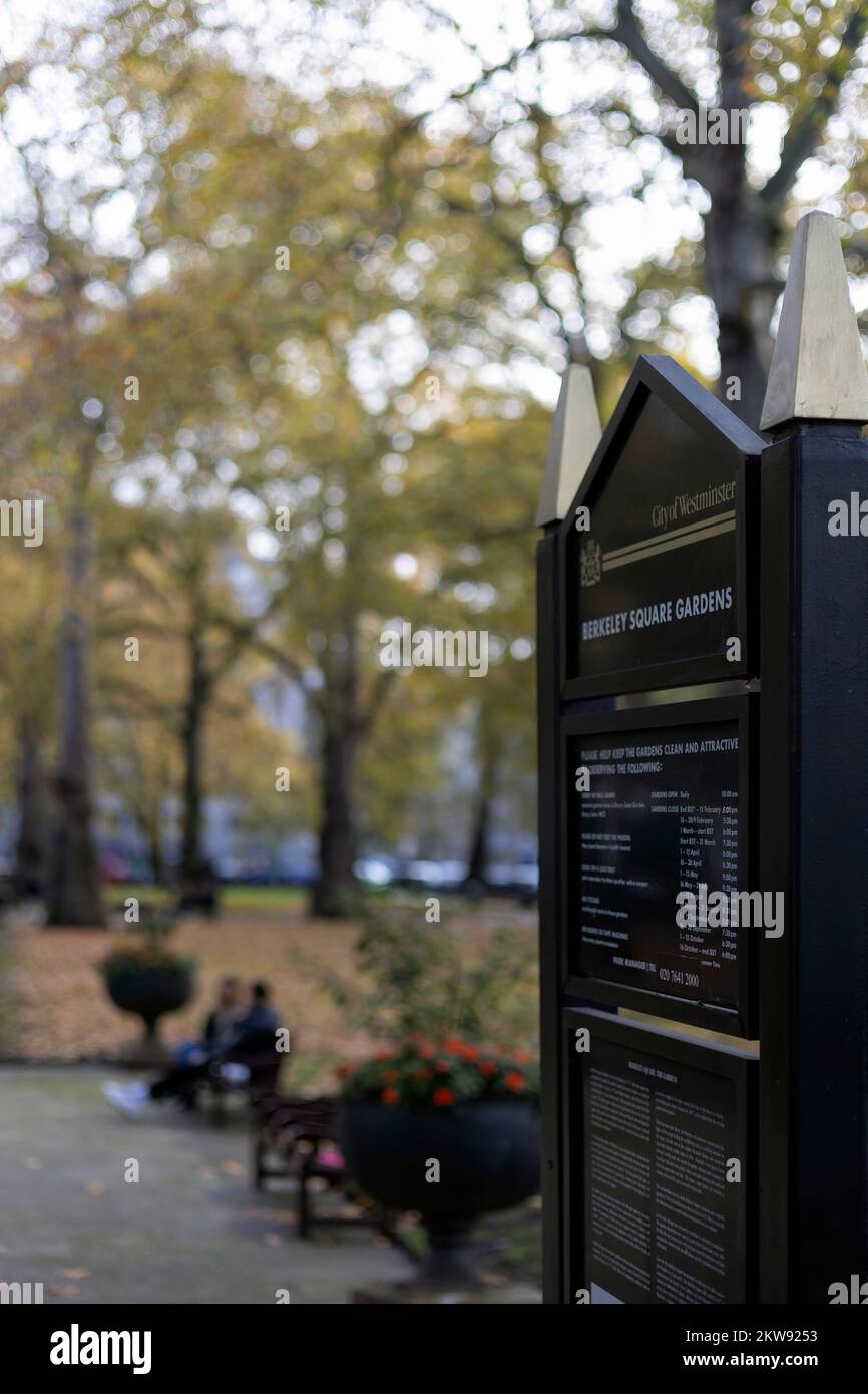LONDON, UK - NOVEMBER 16, 2022: Wooden information sign at the entrance ...