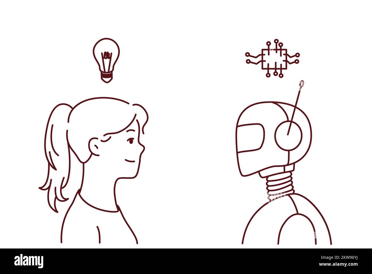 Young woman with lightbulb above head and robot exchange thoughts ...