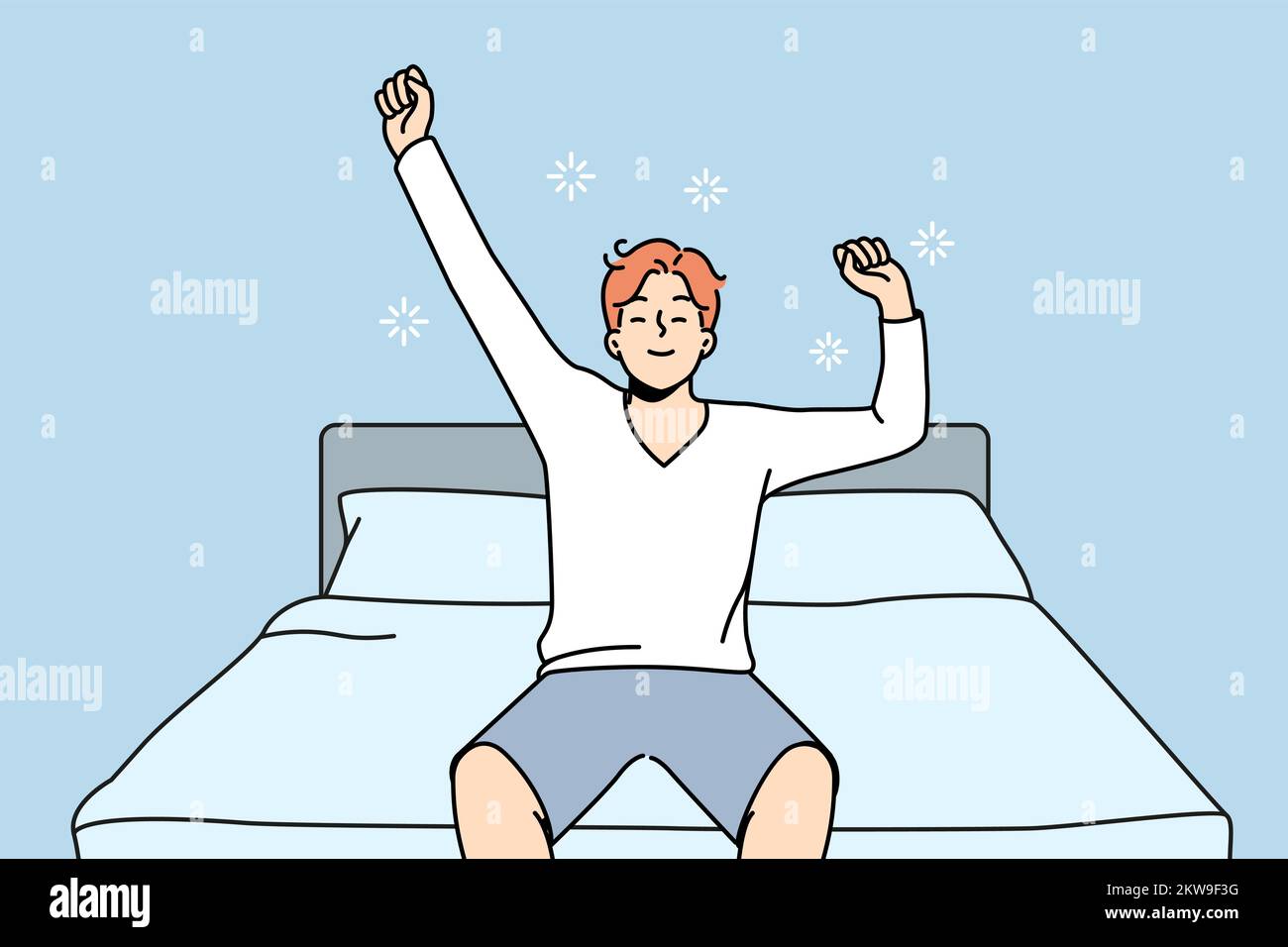 Happy young man stretch waking up in home bedroom. Smiling guy excited ...