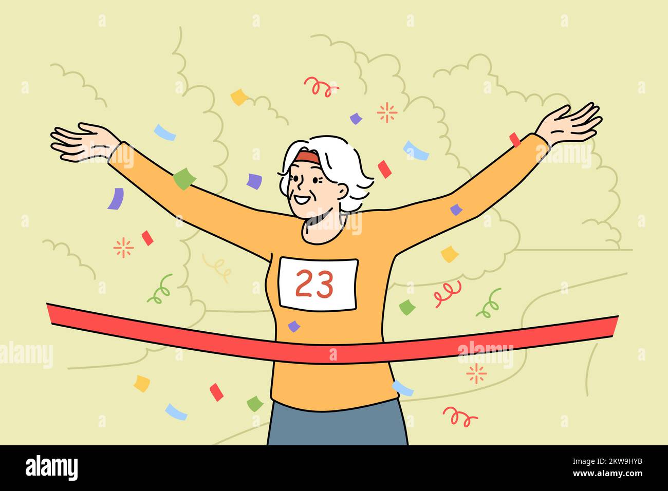 Smiling elderly woman cross finish line at running contest. Happy ...