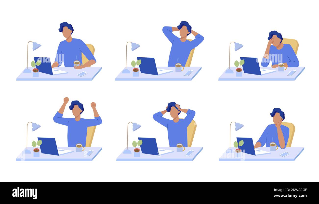 Businessman at the desktop with different emotions. Successful, happy ...