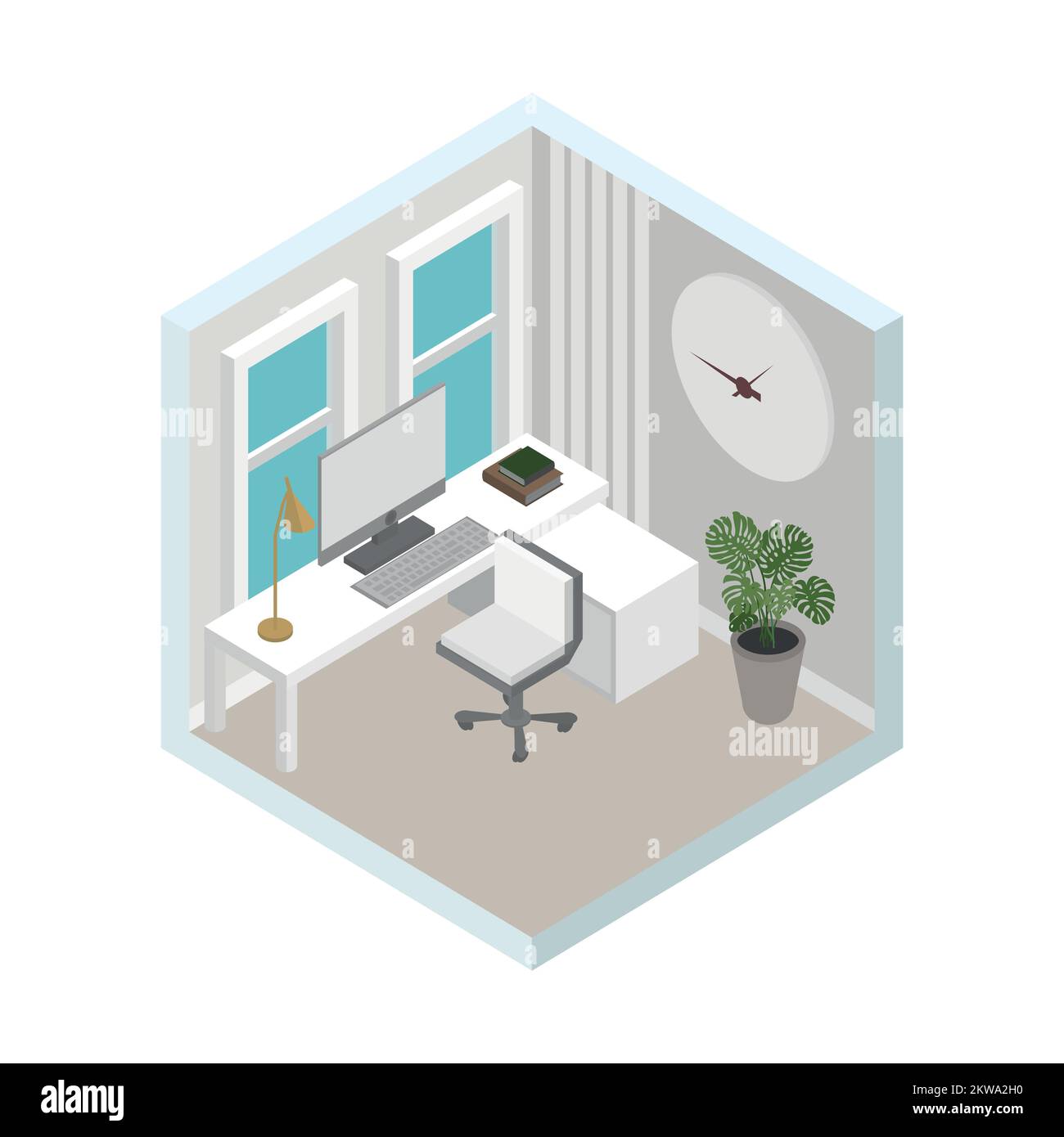 Isometric home office concept, modern cabinet room design with desk ...