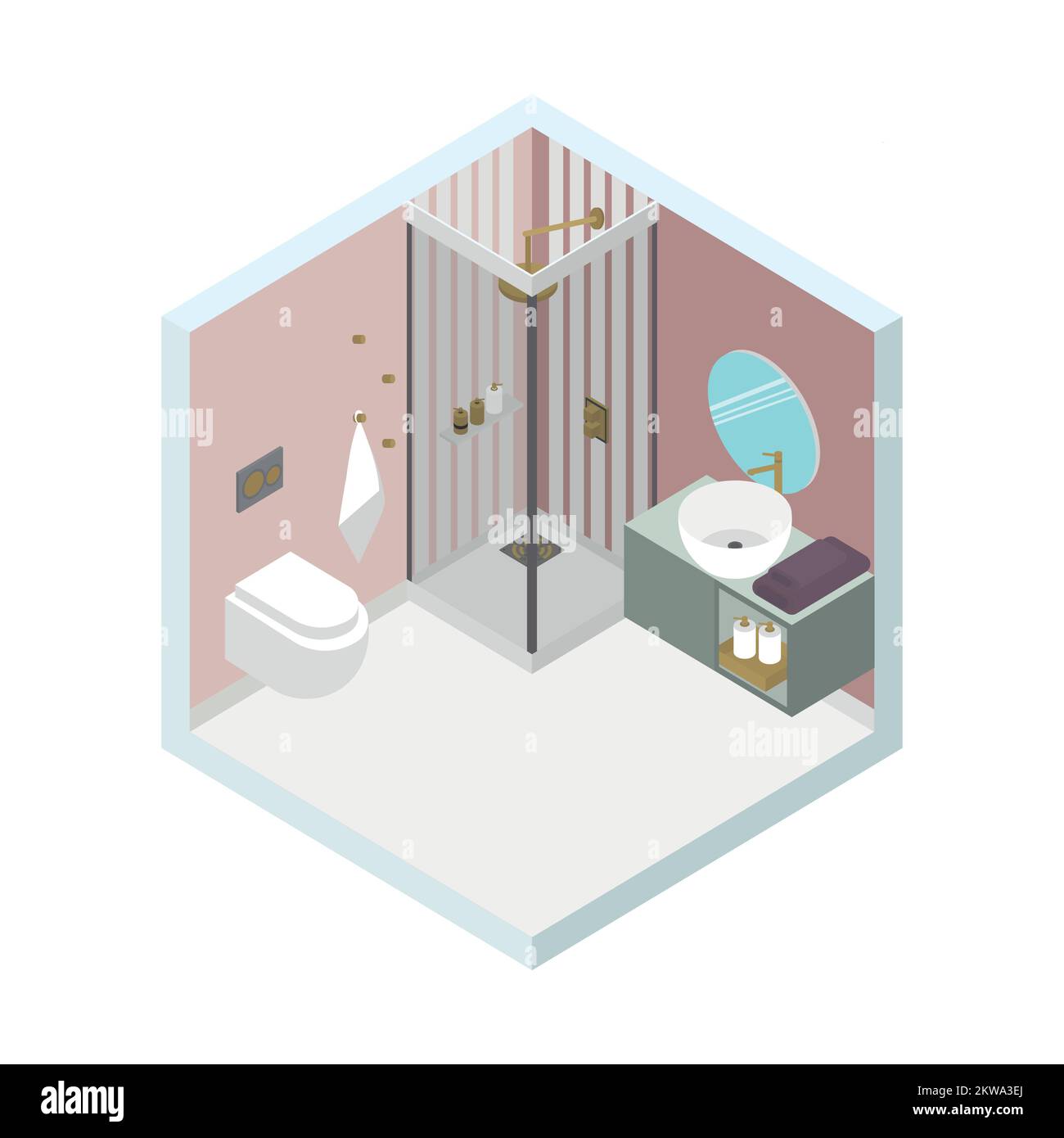 Isometric modern bathroom interior design with shower cabine, sink, toilet, towels and ...