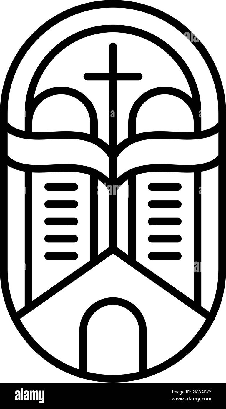 Religion line cross, building and open bible book tablets. God give law ...