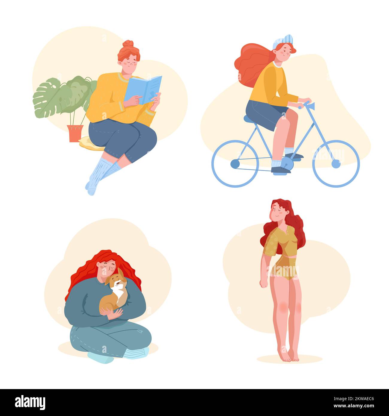 Set of women characters at home and outdoors. Girls reading the book ...