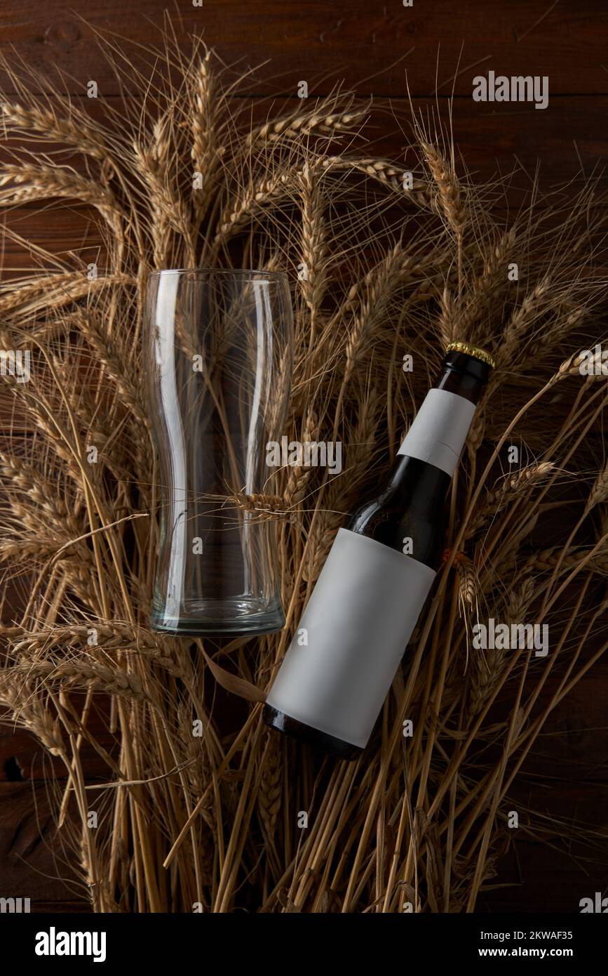 Bottle of beer and empty glass lie on the ears of rye. Concept of ...