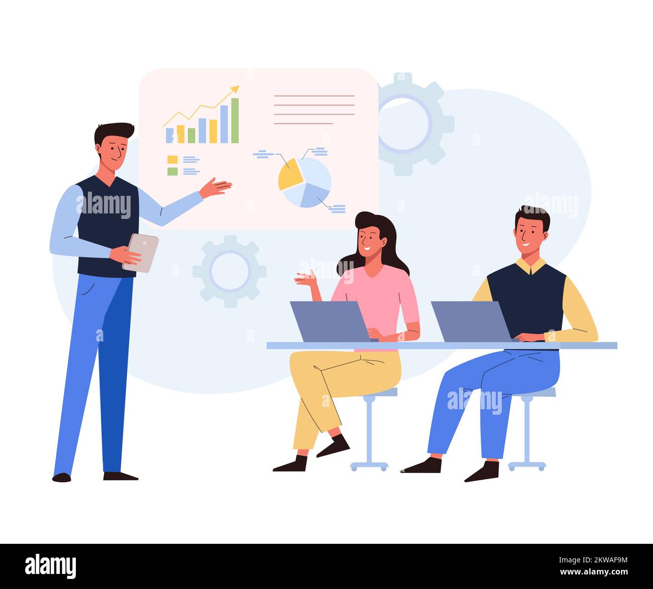 Businessman making presentation and explaining charts on the board ...