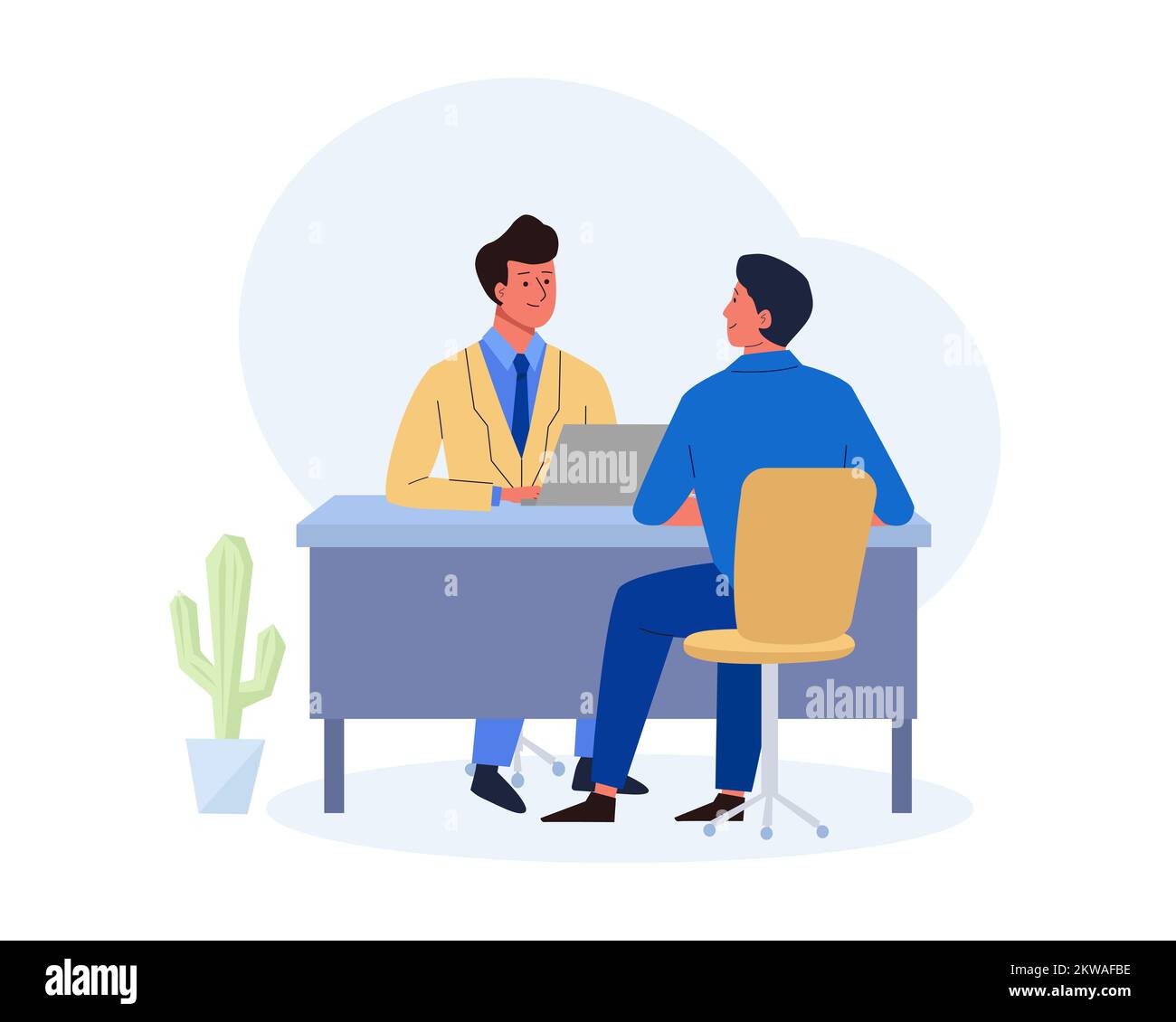 Job interview. HR manager with laptop talking to the candidate. Vector ...