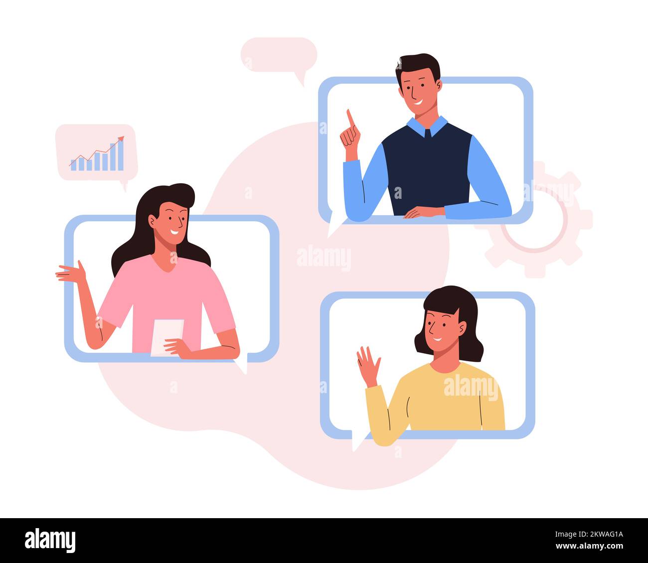 Virtual online meeting, colleagues talk to each other. People chatting ...