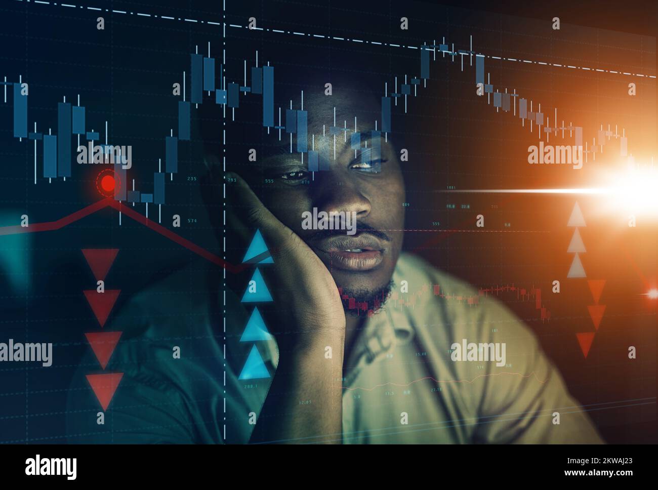 Stock market crash, business man sad, depressed or tired in dark ...