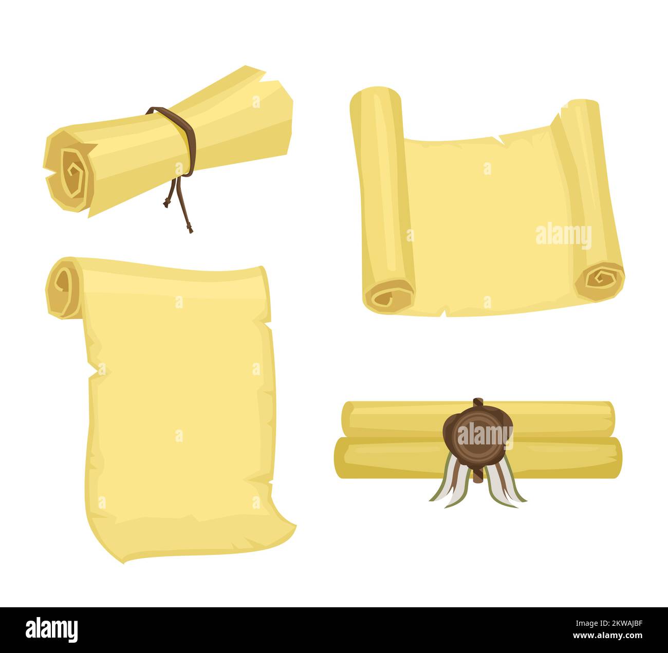 Cartoon old paper scroll and parchment vector set. Open and convolute antique manuscript ...