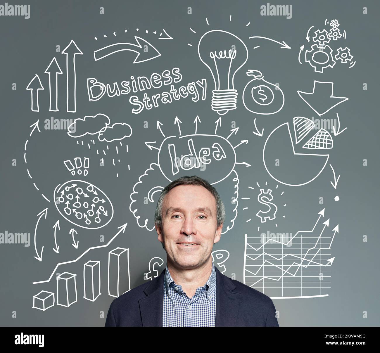Pensive serious man with question marks and light bulbs above her head ...