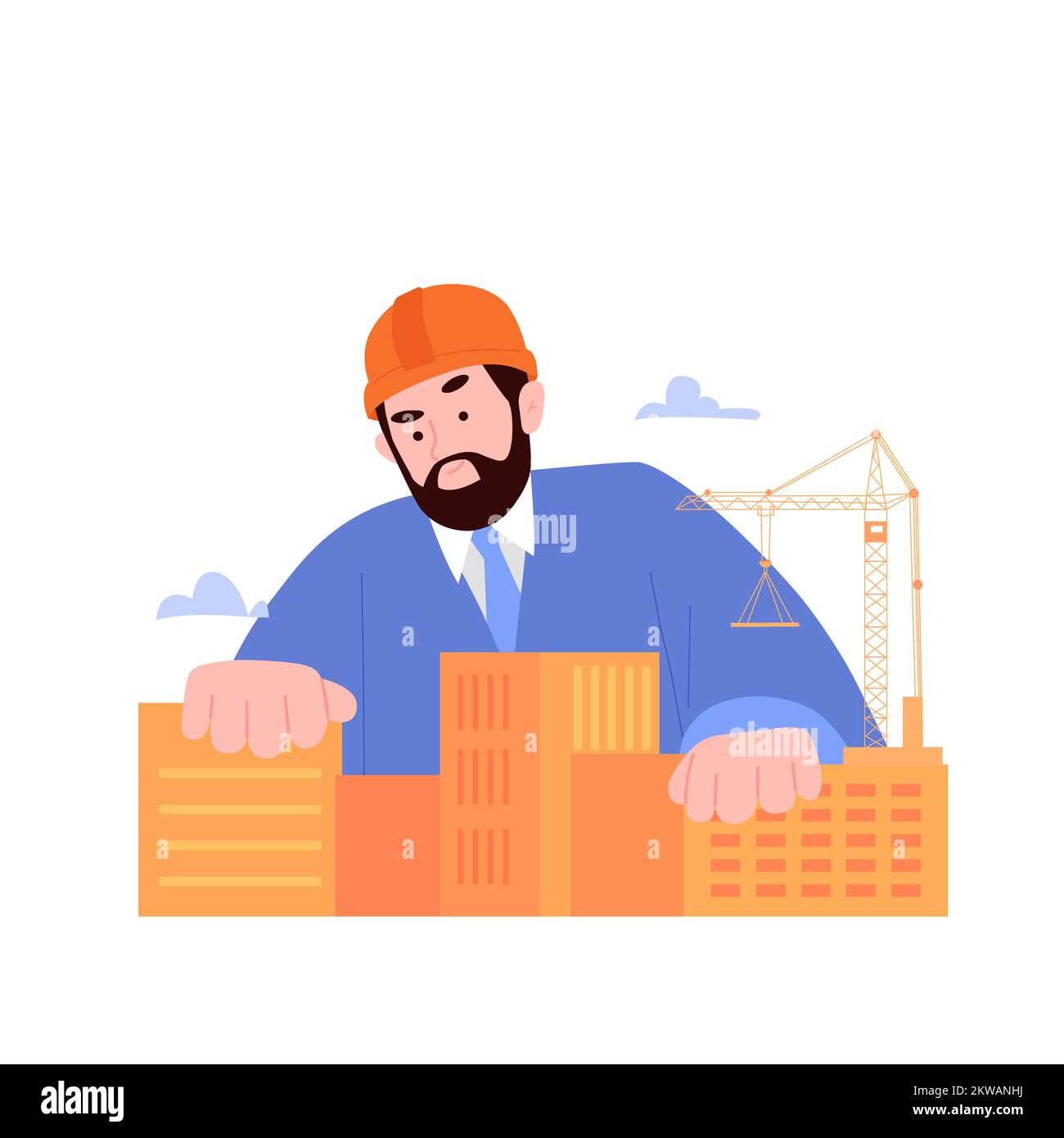 House construction concept. Male engineer in a hard hat builds buildings using crane. Worker at ...