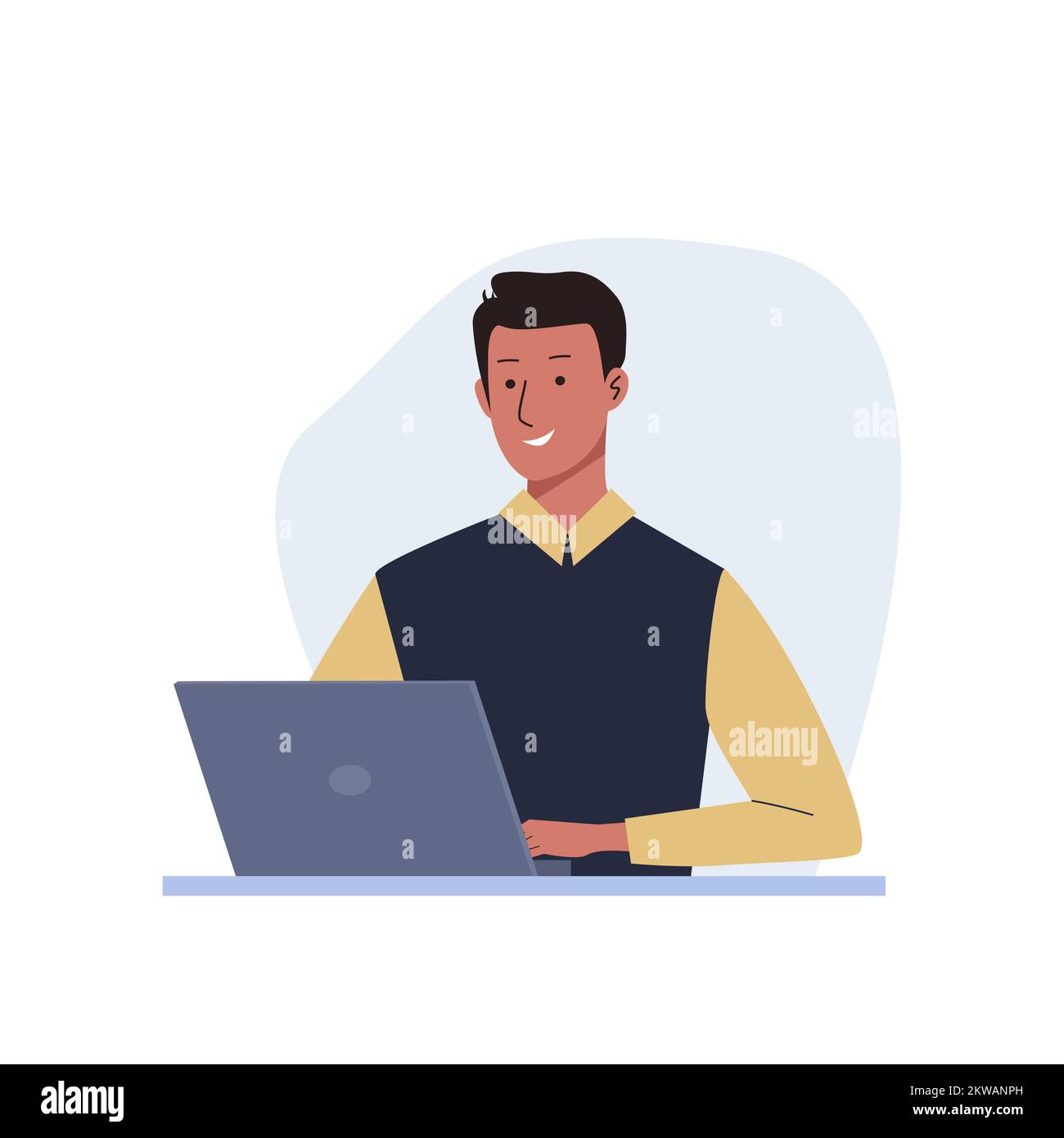 Man at the desktop working with laptop. Corporate worker, young people ...