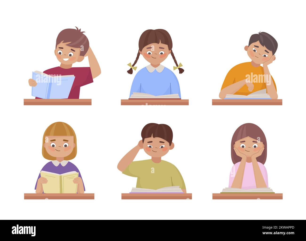 Set of children kids girls and boys sitting in the classroom and ...