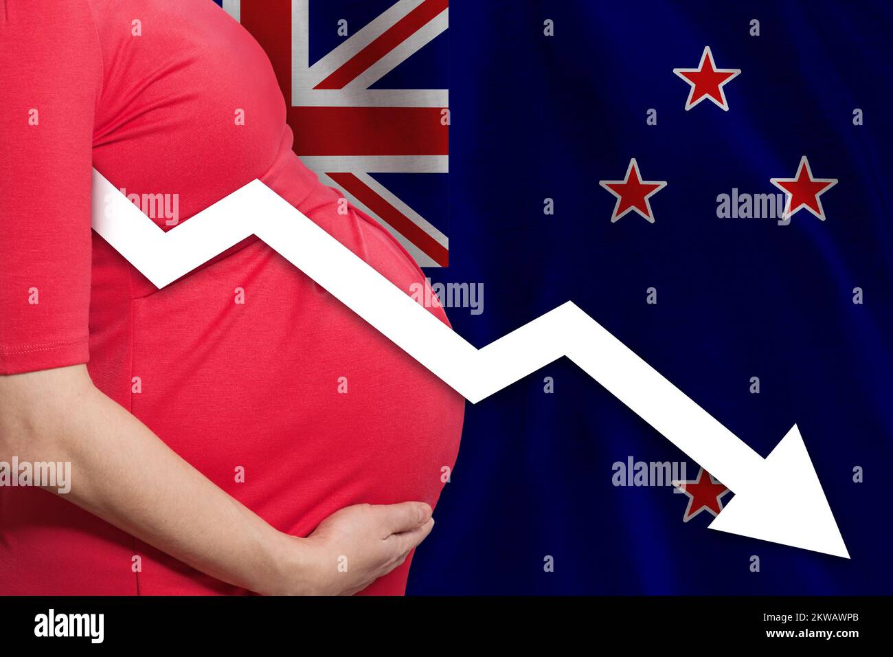 Close up pregnant woman on flag of New Zealand background. Falling ...