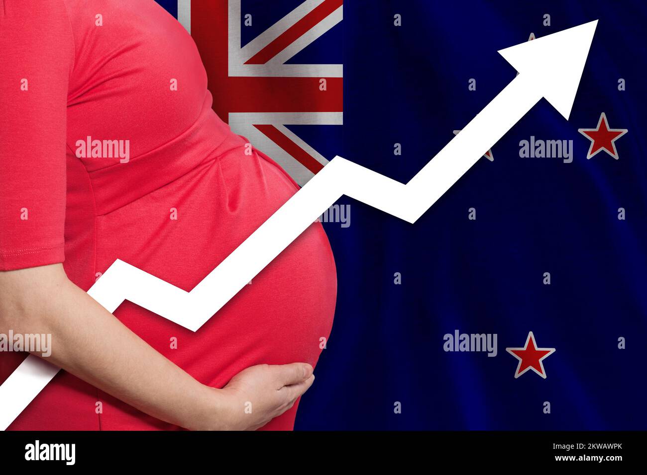 Pregnant Lady Close Up On Flag Of New Zealand Background Birth Rate Up