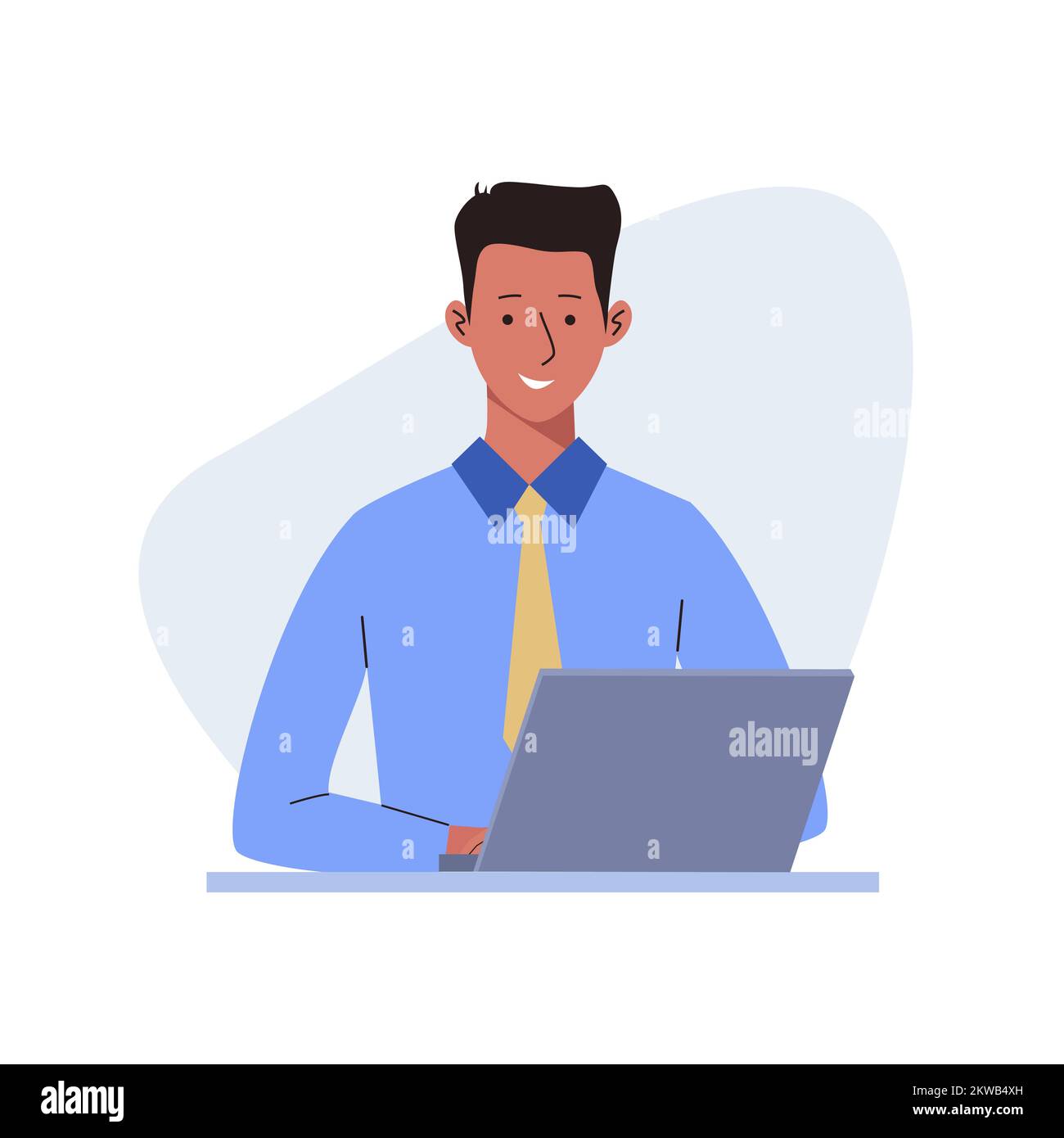 Man at the desktop working with laptop. Male character using computer ...