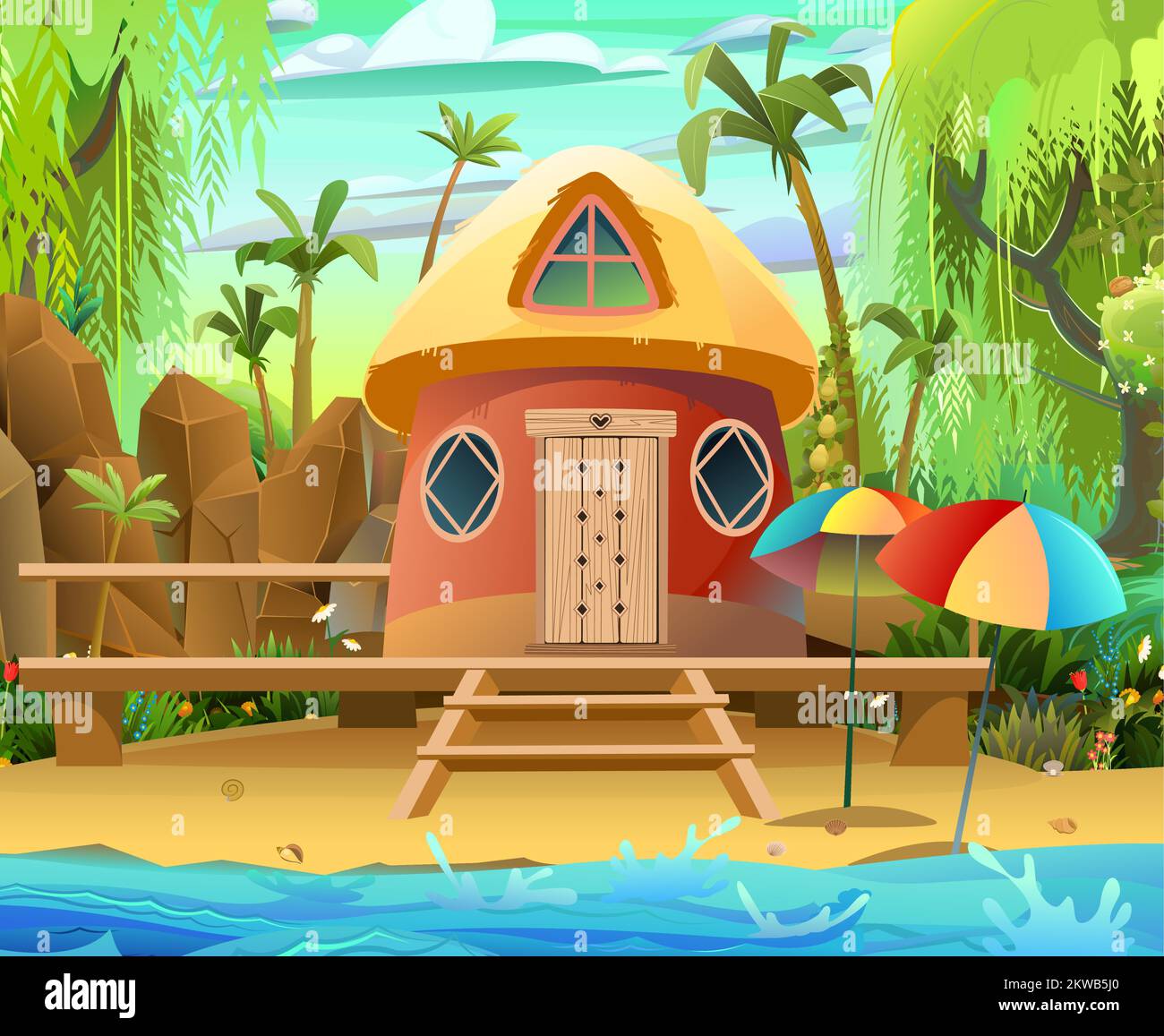 Bungalow on beach. Waves and sand. Tropical landscape with small ...