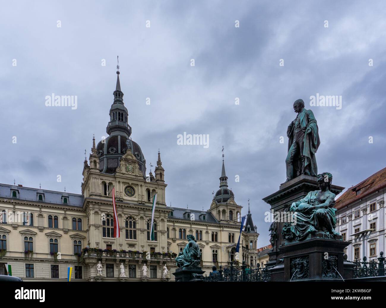 Graz, Austria - 9 October, 2022: the Archduke Johann fountain and city ...