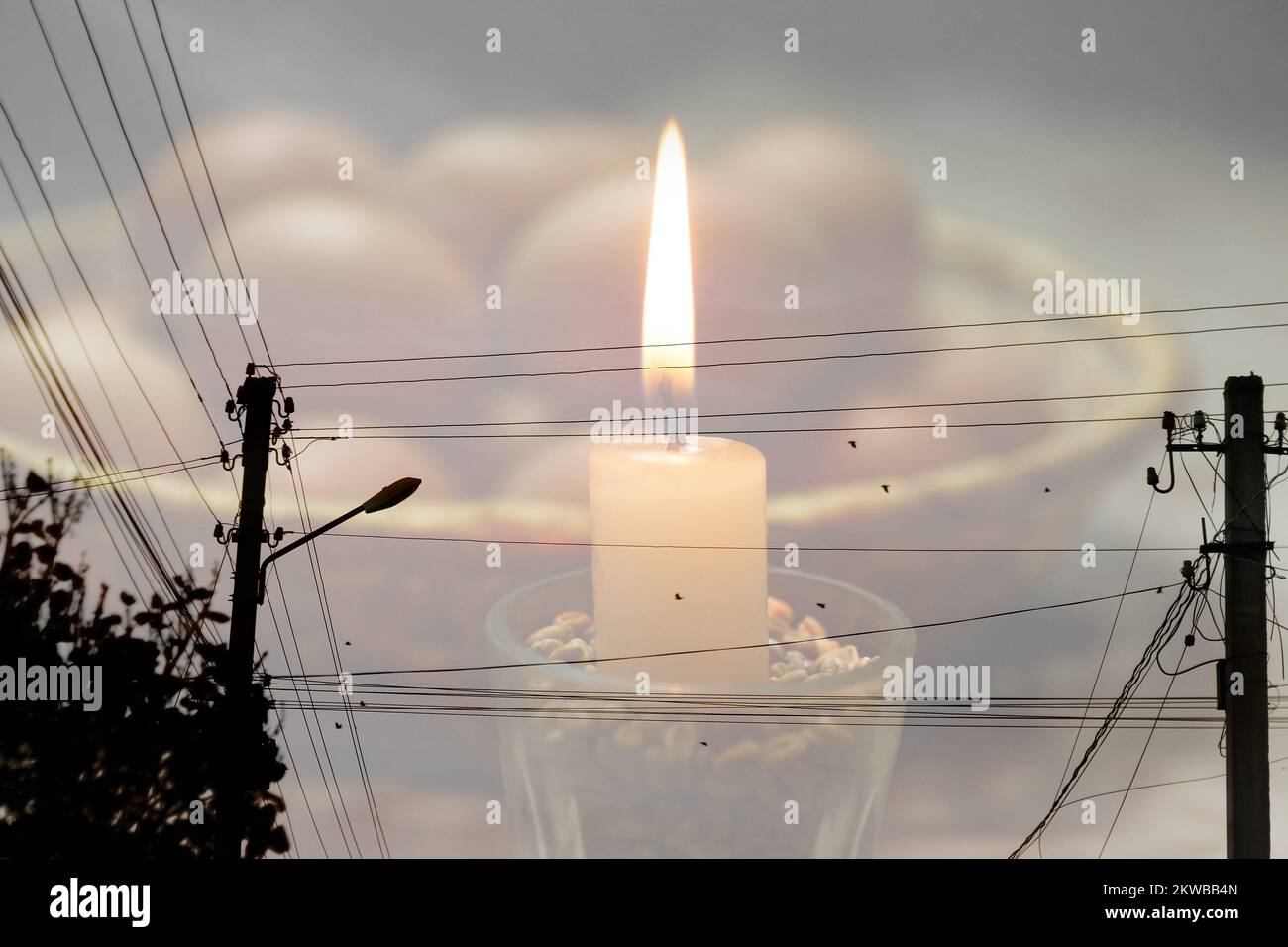 Blackout, power grid overloaded. Blackout concept. Earth hour. Burning ...