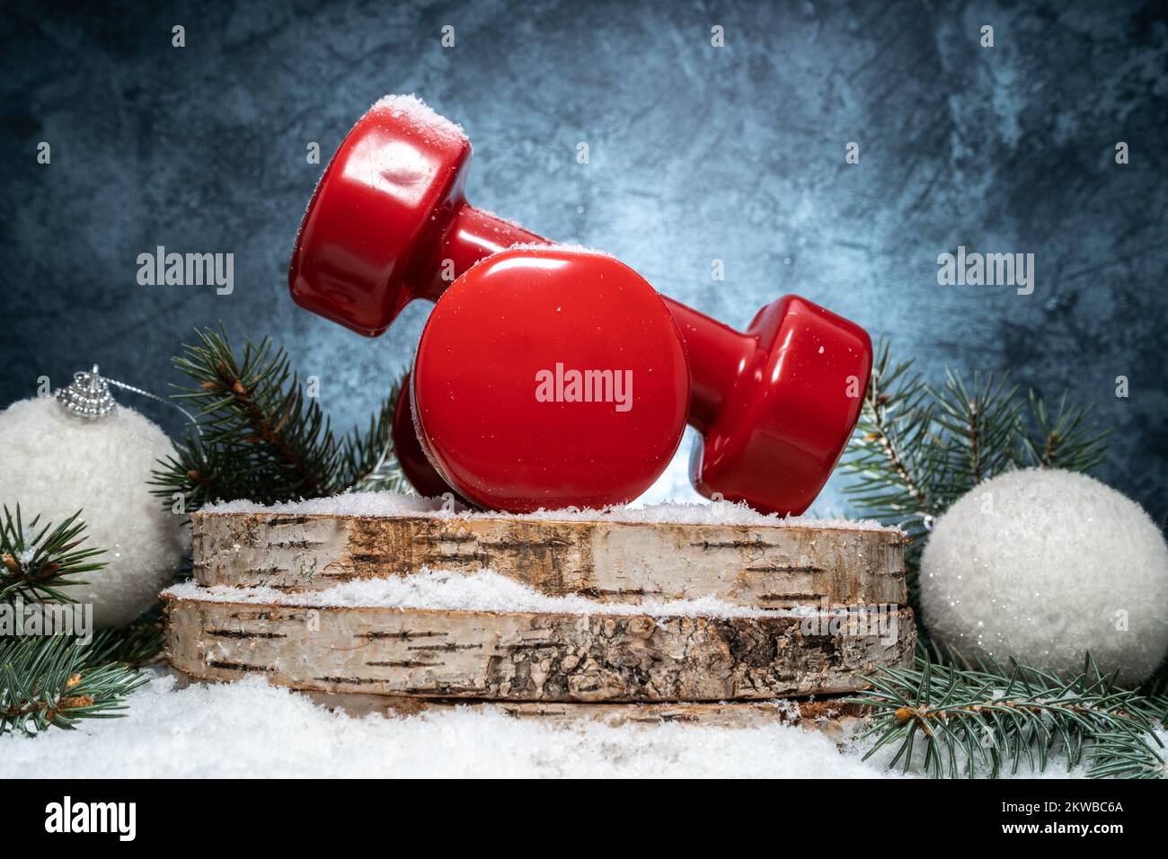 Gym dumbbells on wood slices, Christmas tree branches on snow. Fitness ...