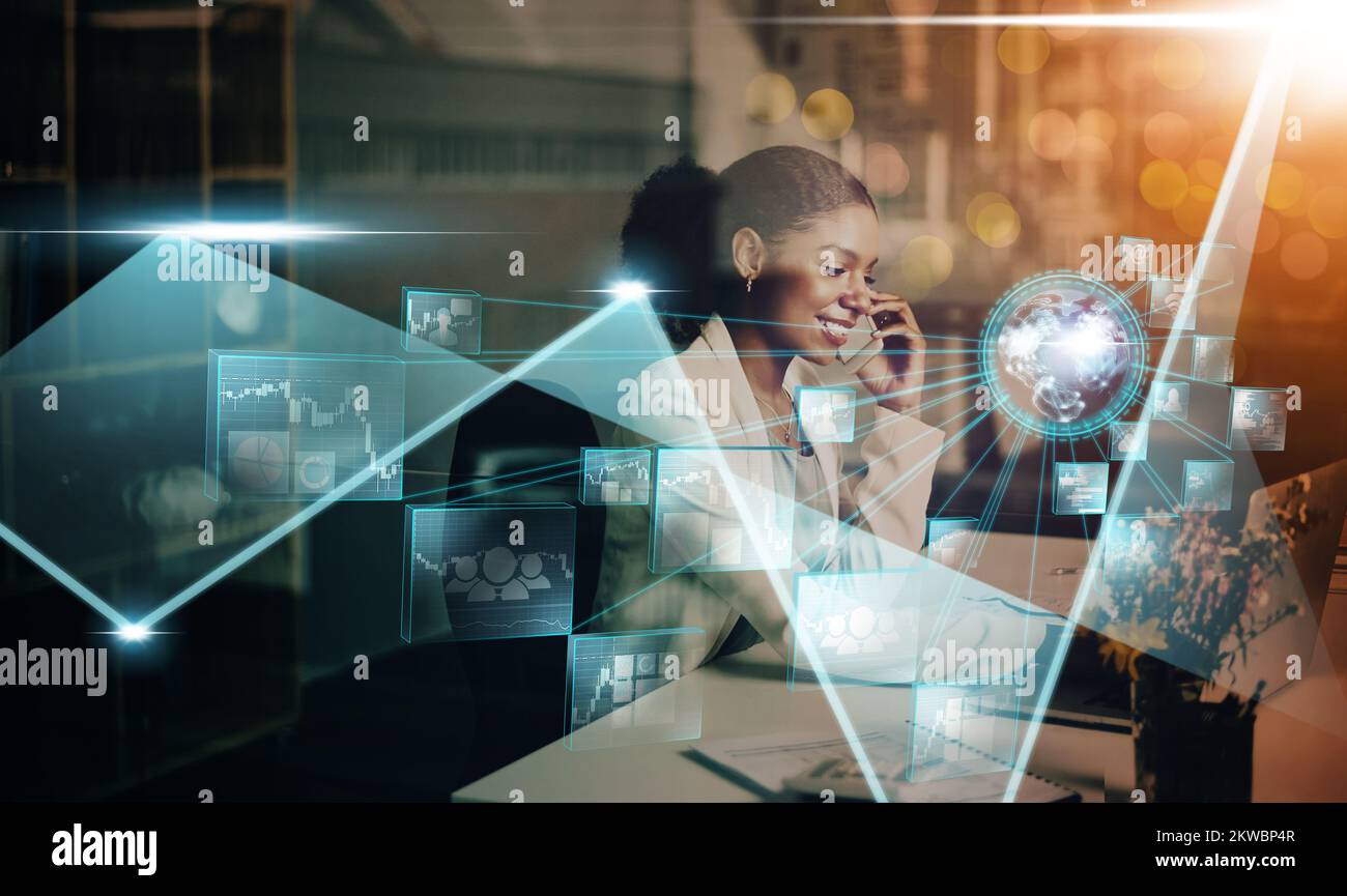 Black business woman, phone or cloud computing hologram for futuristic ...